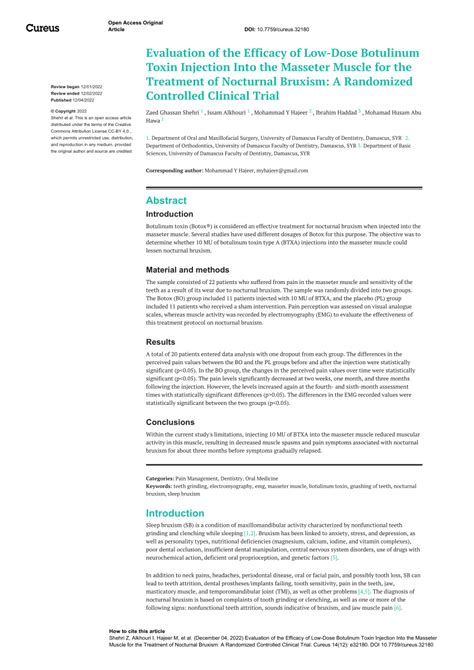 Pdf Evaluation Of The Efficacy Of Low Dose Botulinum Toxin Injection Into The Masseter Muscle