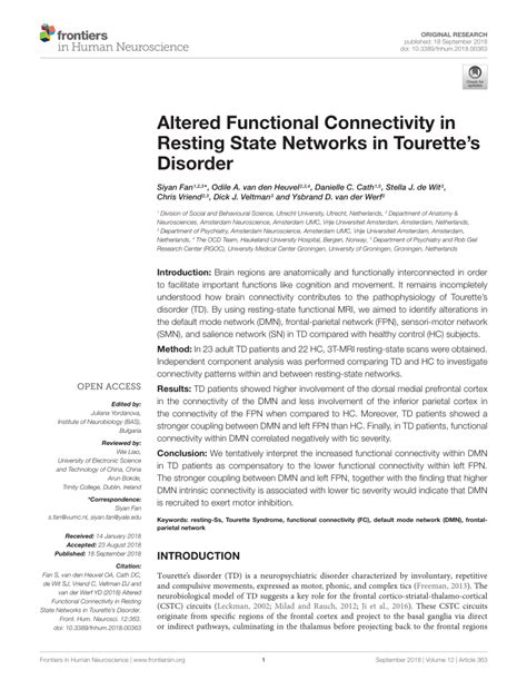 Pdf Altered Functional Connectivity In Resting State Networks In Tourettes Disorder