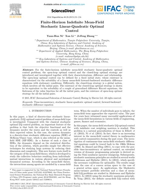 Pdf Indefinite Mean Field Stochastic Linear Quadratic Optimal Control