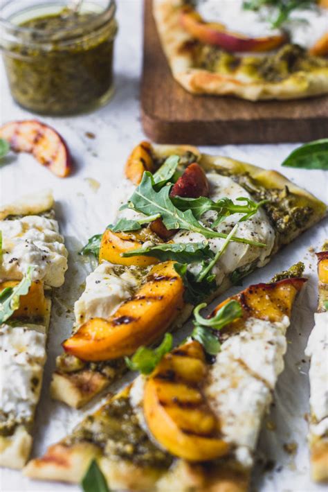 Grilled Peach Pesto And Burrata Flatbread