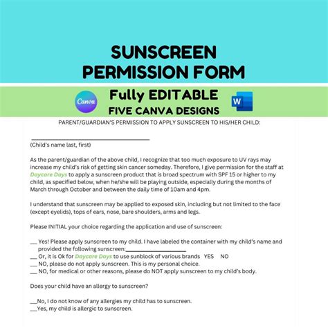 Sunscreen Permission Form Etsy