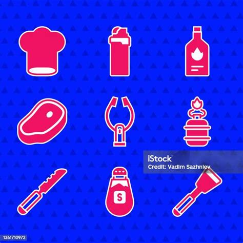 고기 집게 소금 스파툴라 캠핑 가스 스토브 빵 칼 스테이크 고기 타바스코 소스 와 요리사 모자 아이콘을 설정합니다 벡터 고기에 대한 스톡 벡터 아트 및 기타 이미지 Istock