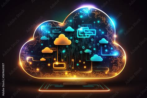 Glowing Cloud Icon Technology Concept Exploded Panel With Cloud Services And Data Protection