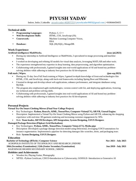 Prateek Porwal Resume Pdf Artificial Intelligence Intelligence
