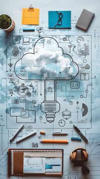 3d Flat Icon Of Business Workspace With Cloud Computing And Digital Streams Overlay Cloudbased