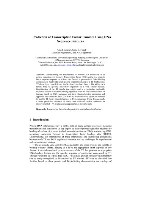 Pdf Prediction Of Transcription Factor Families Using Dna Sequence Features