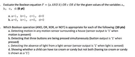 Solved Evaluate The Boolean Equation F A And B Or C Or D