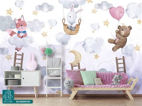 کاغذ دیواری اتاق کودک، دخترانه و پسرانه، ساده و اسپرت، طرح فیل و خرس و کیتی ابنیه سازان هونام