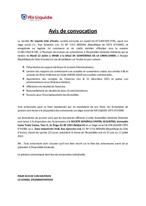 Avis De Convocation Assemblée Générale Ordinaire Air Liquide Ci