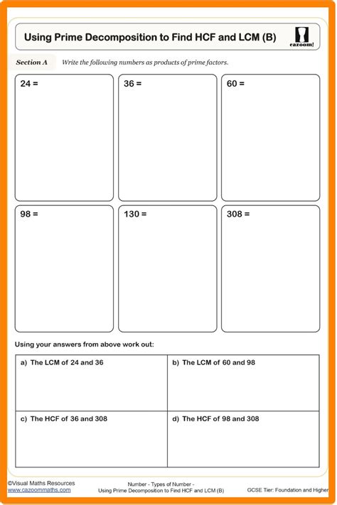 Year 11 Worksheet Using Prime Decomposition To Find Hcf And Lcm