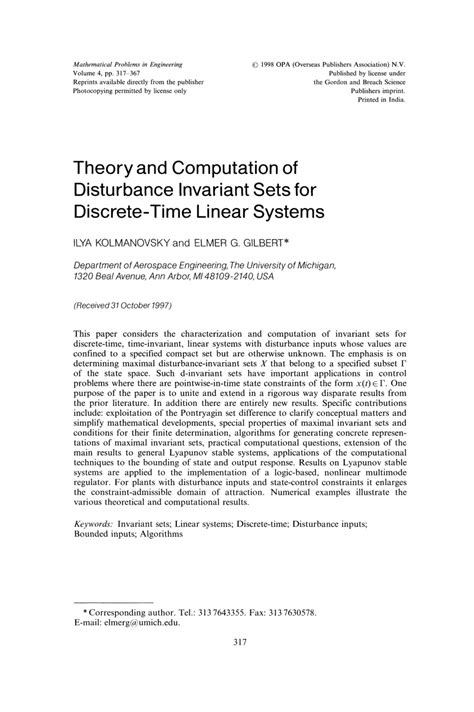 Pdf Gilbert Eg Theory And Computation Of Disturbance Invariant Sets For Discrete Time