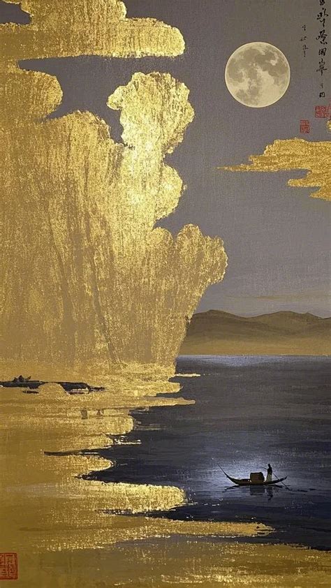 金箔岩彩，磨砂肌理绘画，中国风，金色系，杰作，大师构图，笔触感，肌理感。而或长烟一空，皓月千里，浮光跃金，静影沉璧，渔歌互答，此乐何极！磨砂肌理绘画，大面积贴金、描金、酒金，简洁，工笔，大气