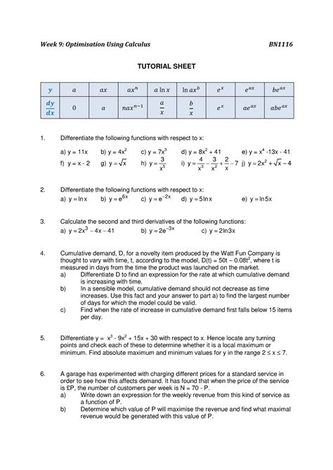 Week 9 Questions Optimisation Using Calculus Week 9 Optimisation