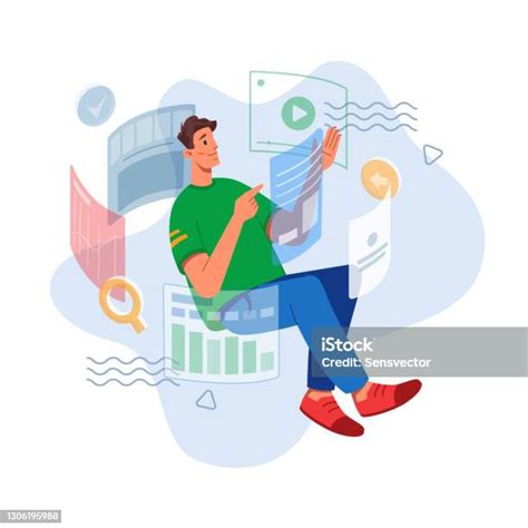 남자는 데이터를 분석하고 가상 세계에서 온라인으로 공부 고립 플랫 만화 캐릭터 미래의 벡터 E러닝 웹 데이터로 작업하는 사람 직장에서의 혁신 발전 및 개발 인공지능에 대한