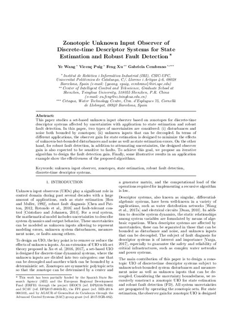 Pdf Zonotopic Unknown Input Observer Of Discrete Time Descriptor Systems For State Estimation