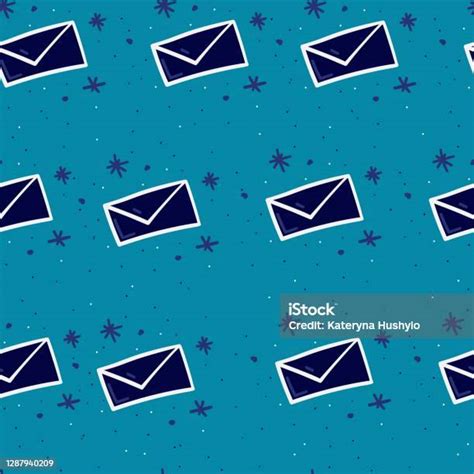 산타 클로스 메일과 크리스마스 손 그린 매끄러운 패턴 래핑 페이퍼 직물 디자인 요소 빈티지 스타일 블루 배경에 대한 휴일 일러스트 봉투에 대한 스톡 벡터 아트 및 기타