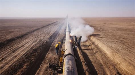 Welders Working On A Gas Pipeline Construction In An Open Field As Heavy Machinery Operates