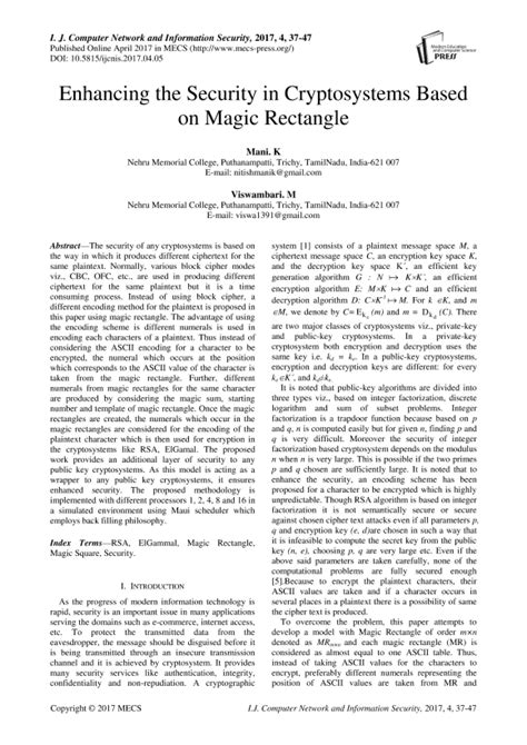 Enhancing The Security In Cryptosystems Based On Magic Rectangle Ijcnis