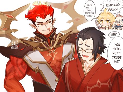 Aether Paimon Enjou And Abyss Lector Genshin Impact Drawn By