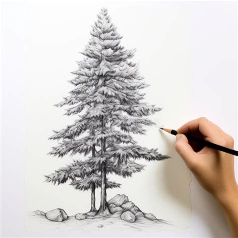 Realistic Pine Tree Pencil Drawing With Highly Detailed Figures Stock Illustration
