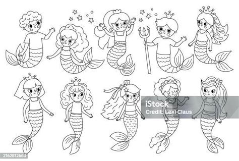 벡터 흑인과 백인 인어 세트 바다의 공주 왕자와 함께하는 수중 왕국 라인 컬렉션 아이들을 위한 만화 해양 동화 색칠 공부 페이지
