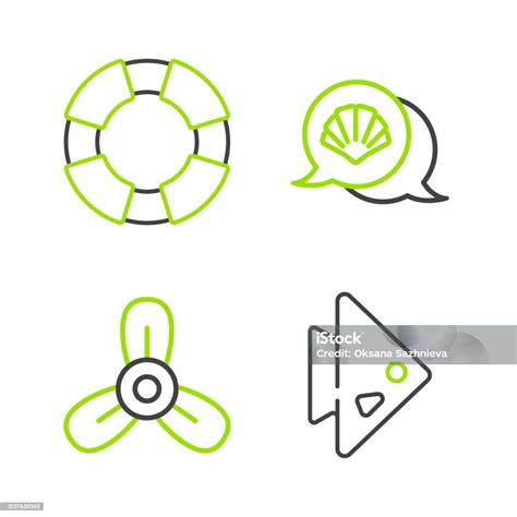 세트 라인 물고기 보트 프로펠러 터빈 가리비 조개 및 구명 부표 아이콘 벡터 가리비에 대한 스톡 벡터 아트 및 기타 이미지 가리비 갑각류 건강관리와 의술 Istock