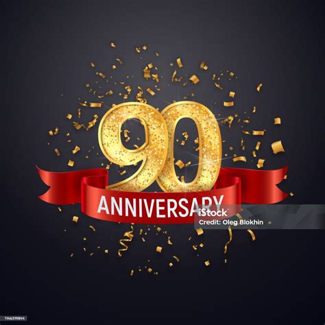 어두운 배경에 90 년 기념일 템플릿 90 빨간색 리본 벡터와 색종이 고립 된 디자인 요소와 황금 숫자를 축 하 90에 대한 스톡 벡터 아트 및 기타 이미지 Istock