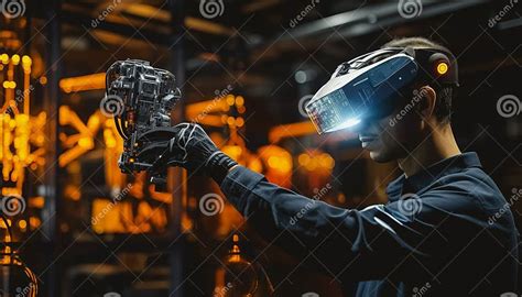Computer Science Engineer In Virtual Reality Headset Using Controllers And Operating Robot Arm