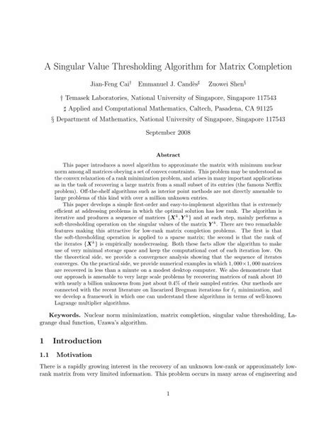 Pdf A Singular Value Thresholding Algorithm For Matrix Completion