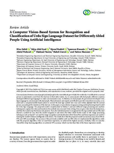 Pdf A Computer Vision Based System For Recognition And Classification Of Urdu Sign Language