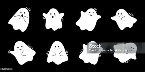 귀여운 유령으로 설정된 벡터 할로윈 평면 디자인의 비행 영혼 검은 배경에 흰색 팬텀 낙서 유령 0명에 대한 스톡 벡터 아트 및 기타 이미지 Istock