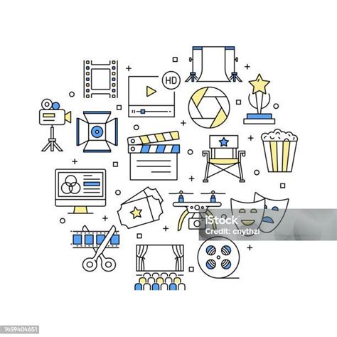 시네마 및 영화 관련 벡터 배너 디자인 컨셉 아이콘이 있는 모던 라인 스타일 스케치에 대한 스톡 벡터 아트 및 기타 이미지