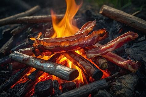 Campfire With Sizzling Bacon Premium Ai Generated Image