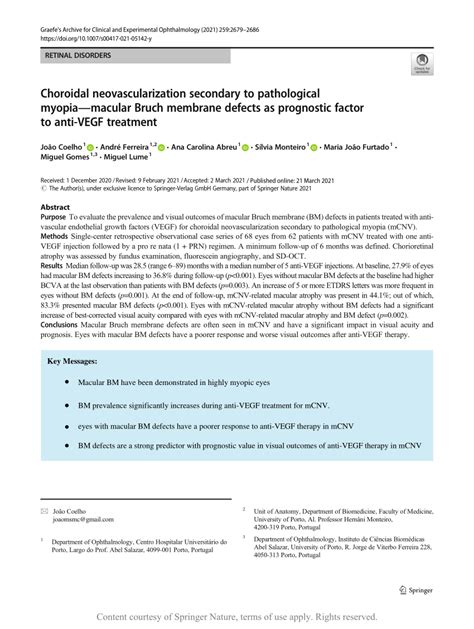 Choroidal Neovascularization Secondary To Pathological Myopia Macular Bruch Membrane Defects As