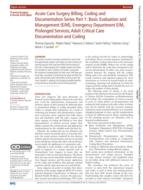 Pdf Acute Care Surgery Billing Coding And Documentation Series Part 1 Basic Evaluation And