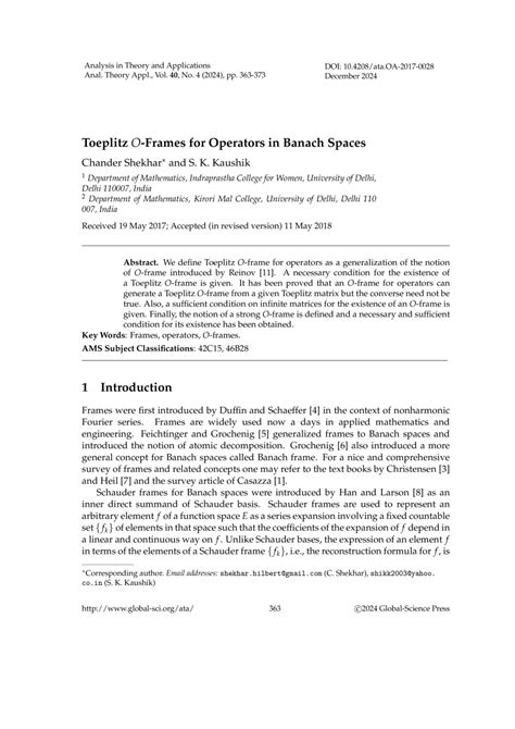 Global Science Press Toeplitz O Frames For Operators In Banach Spaces
