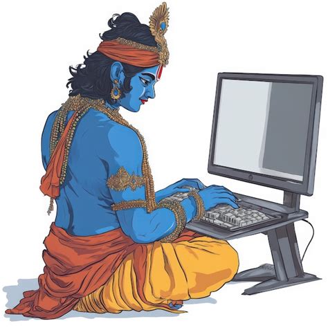 Lord Krishna Using A Computer Premium Ai Generated Image