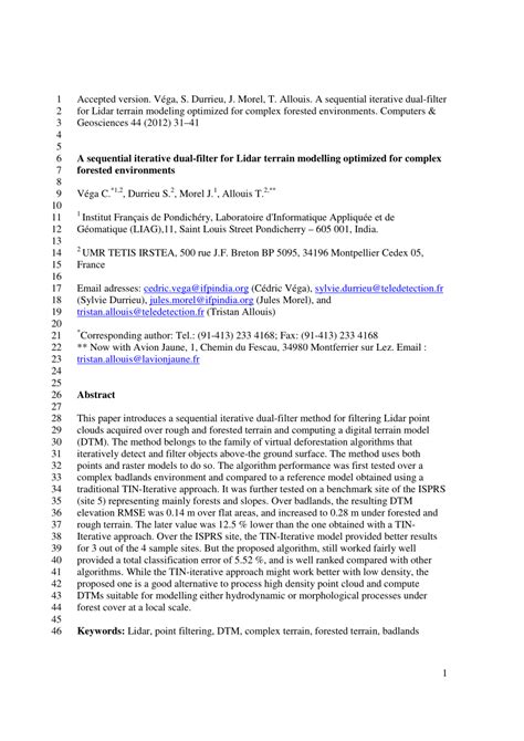 Pdf A Sequential Iterative Dual Filter For Lidar Terrain Modeling Optimized For Complex