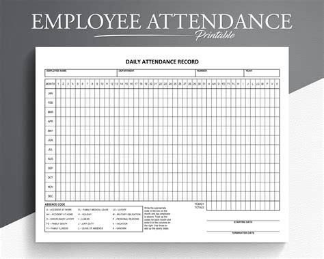 Daily Employee Attendance Printable Pdf Attendance Tracker Employee Absence Tracker Absence