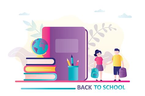 여학생과 여학생이 배낭을 들고 있다 책 교과서 및 문구의 스택 학교로 돌아가는 개념 교육 배너 2명에 대한 스톡 벡터 아트 및 기타 이미지 Istock