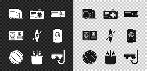 Rv 캠핑 트레일러 사진 카메라 여행 티켓 비치 볼 쿨러 가방 및 물 다이빙 마스크 스노클링 여권 및 카약 카누 패들 아이콘을 설정합니다 벡터 International