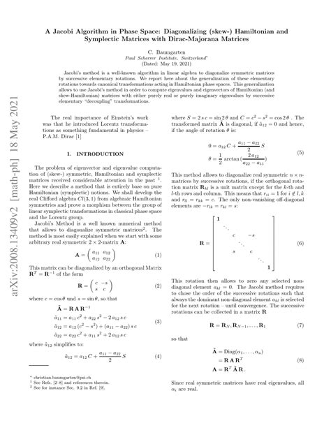 Pdf A Jacobi Algorithm In Phase Space Diagonalizing Skew Hamiltonian And Symplectic