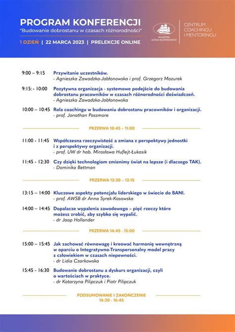 Program Konferencji 22 Marca 2023r Akademia Leona Koźminskiego Warszawa