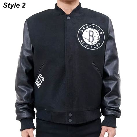 Black Woolleather Varsity Brooklyn Nets Jacket
