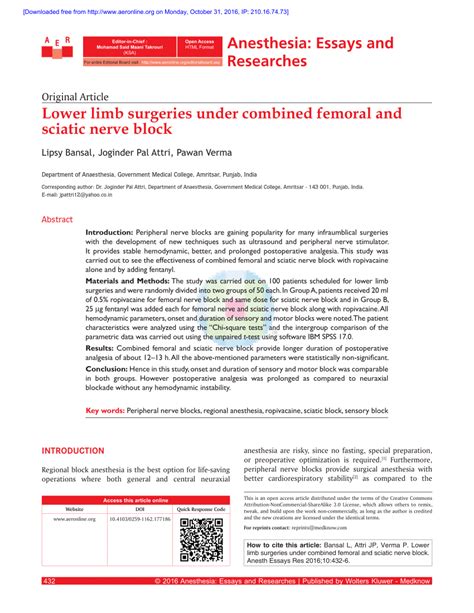 Pdf Lower Limb Surgeries Under Combined Femoral And Sciatic Nerve Block