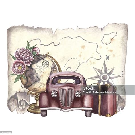복고풍 자동차와 지구의 골동품 지구본 오래된 지도와 여행 가방 손으로 만든 수채화 일러스트 빈티지 여행 배너 전단지 포스터용 인쇄물 스티커 엽서용 0명에 대한 스톡 벡터