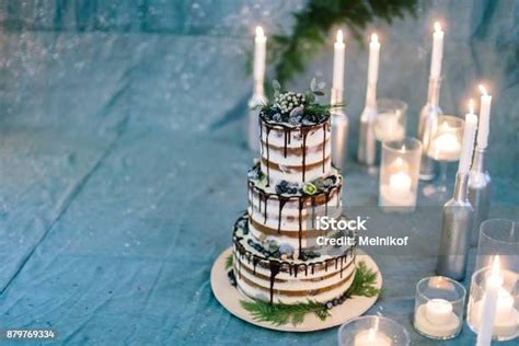 과자 디저트 파티 개념입니다 신중 하 게 장식 된 그들의 모든 다른 식물 열매와 어두운 초콜릿 설탕 프로 스 팅의 나뭇잎 놀라운 케이크 3 계층 구성 웨딩 케이크에 대한