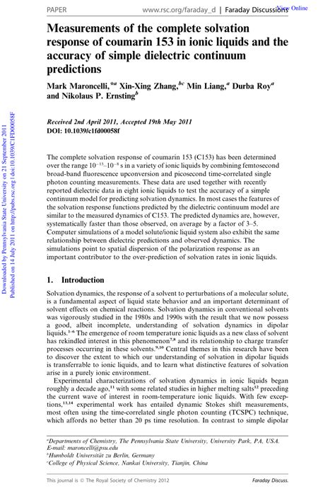 Pdf Measurements Of The Complete Solvation Response Of Coumarin 153 In Ionic Liquids And The