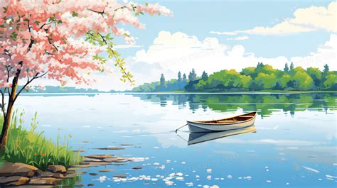 春天山林湖面上的小船插画图片素材下载 jpg格式 熊猫办公