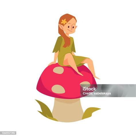 버섯에 앉아 정원 노메 또는 엘프 소녀 평평한 벡터 일러스트 고립 그놈에 대한 스톡 벡터 아트 및 기타 이미지 그놈 버섯